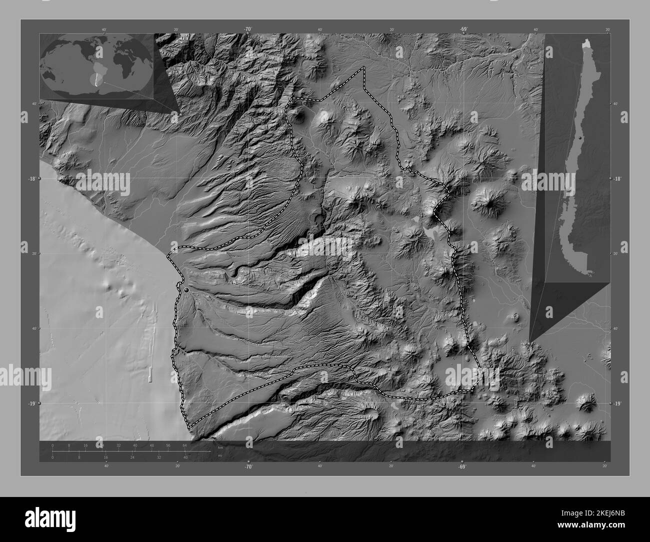 Arica y Parinacota, region of Chile. Bilevel elevation map with lakes ...