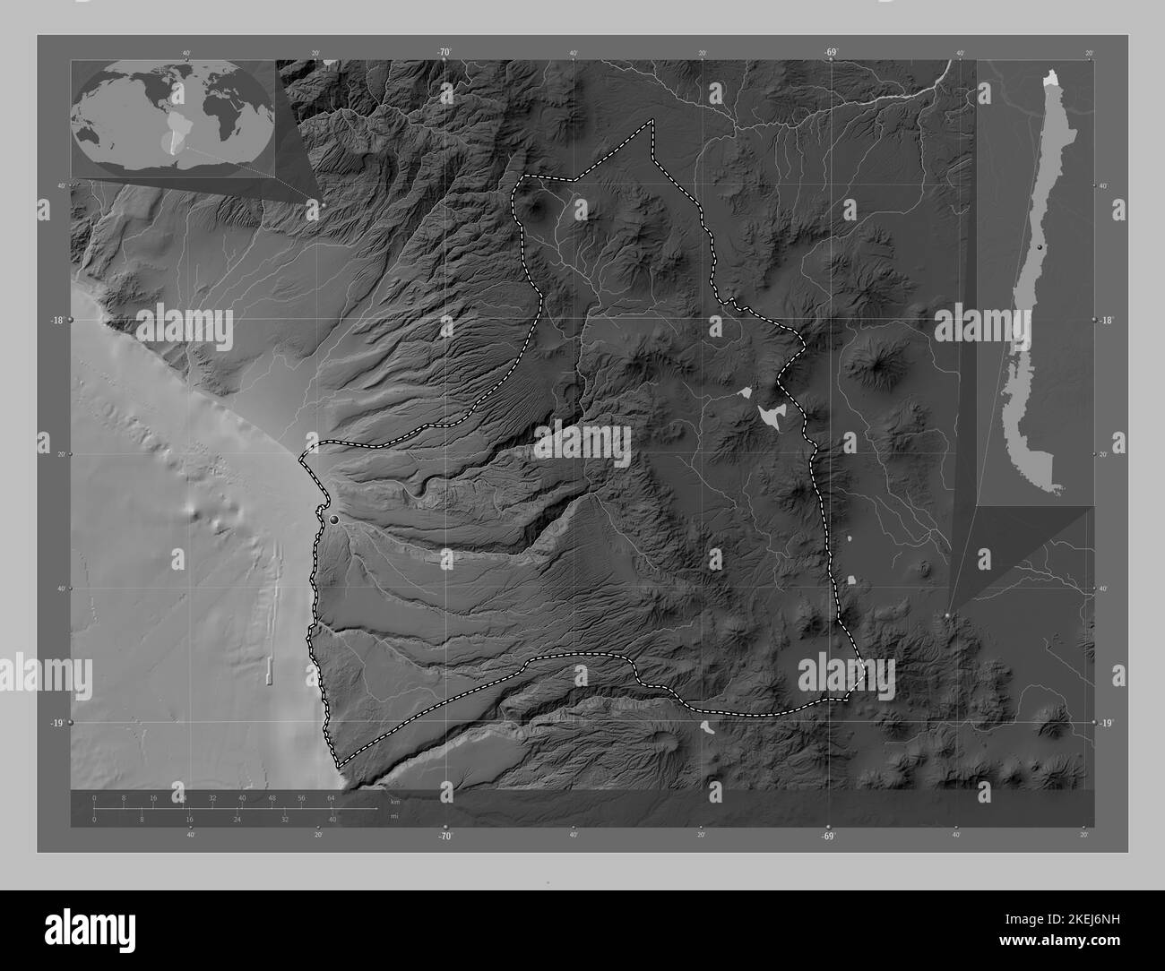 Arica y Parinacota, region of Chile. Grayscale elevation map with lakes ...