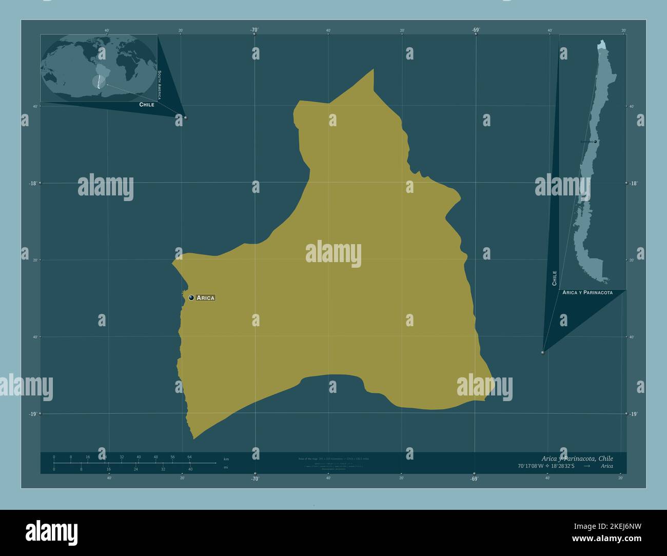 Arica y Parinacota, region of Chile. Solid color shape. Locations and ...