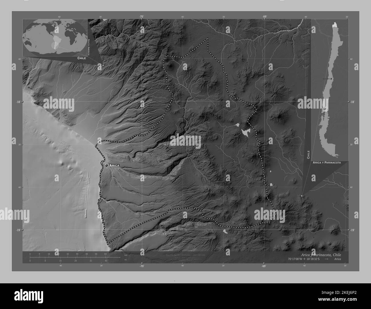 Arica y Parinacota, region of Chile. Grayscale elevation map with lakes ...