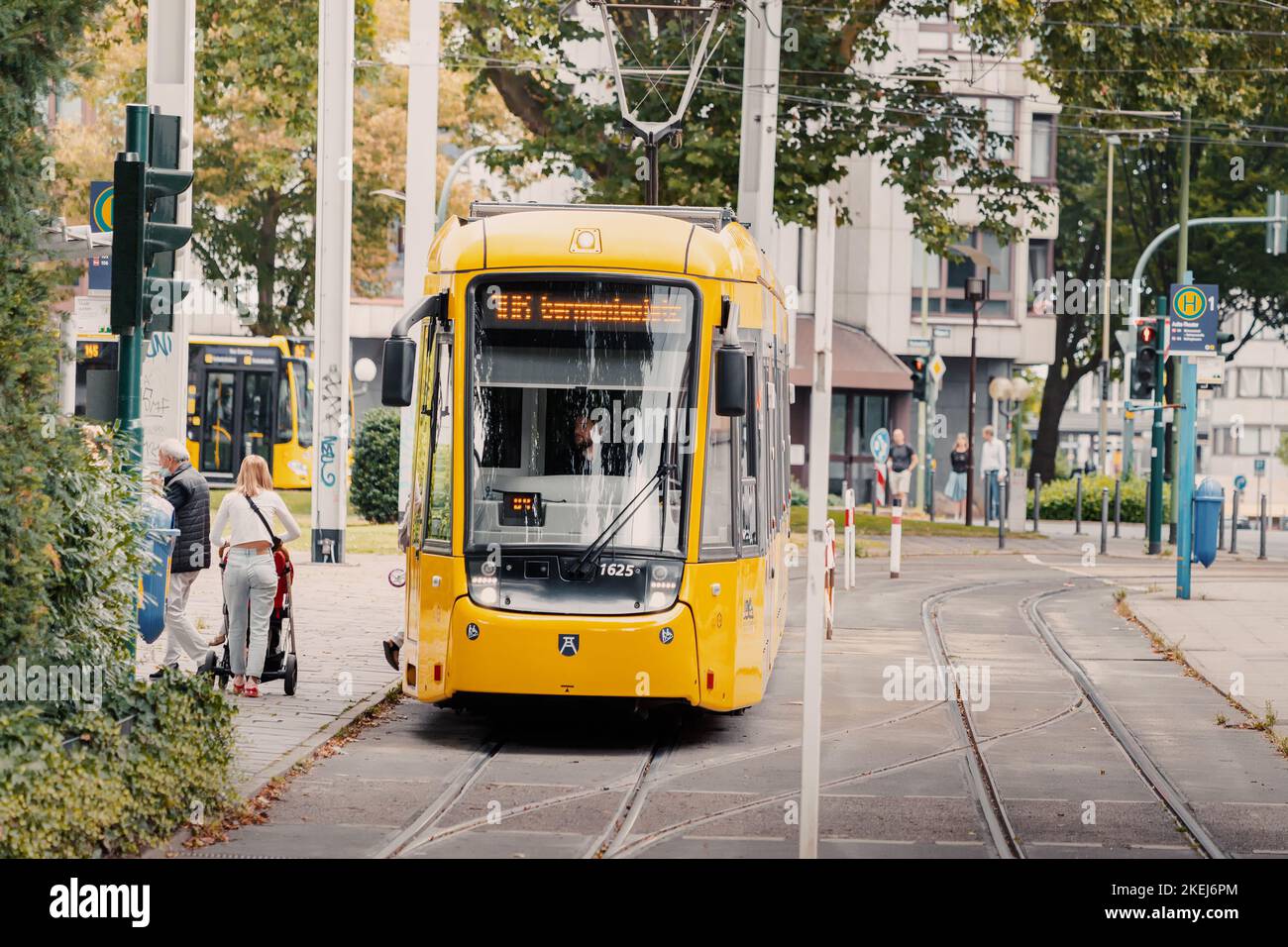 27 July 2022, Essen, Germany: yellow tram rides on a public transport ...