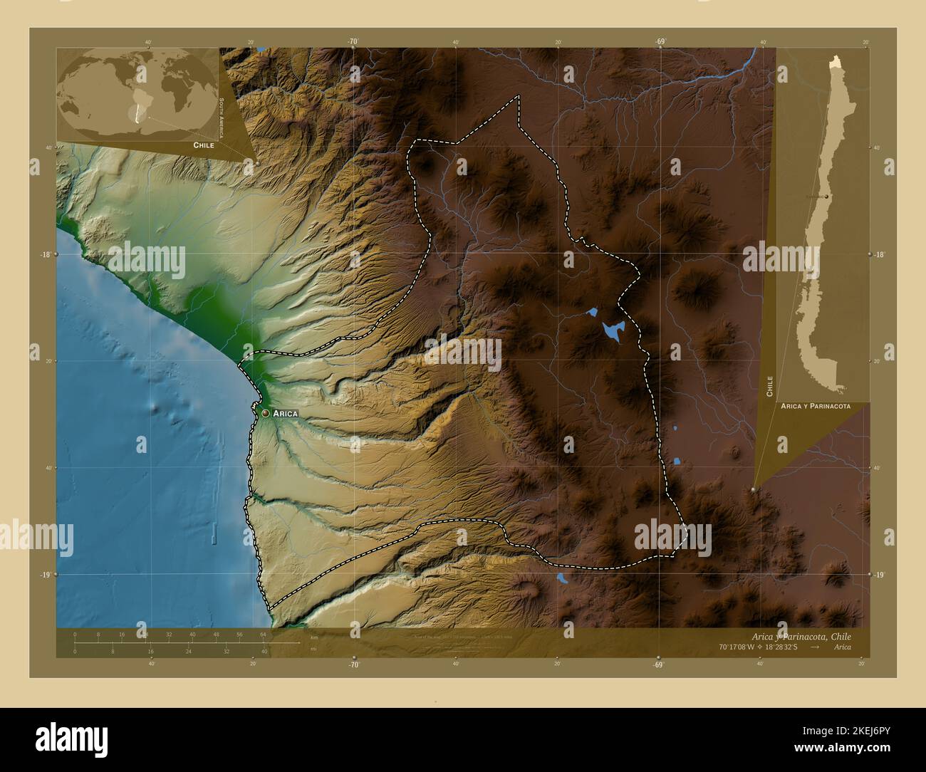 Arica y Parinacota, region of Chile. Colored elevation map with lakes ...