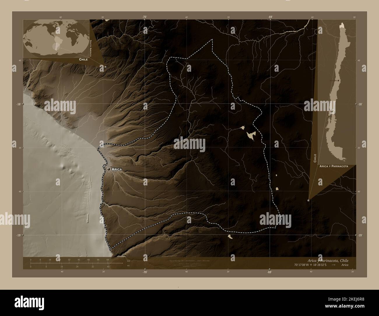 Arica y Parinacota, region of Chile. Elevation map colored in sepia ...