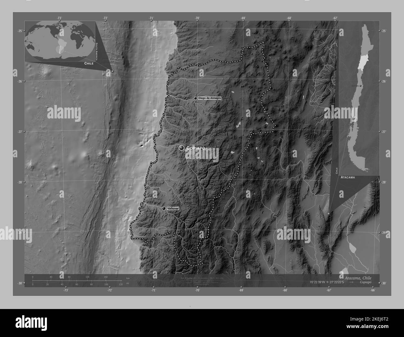 Atacama, region of Chile. Grayscale elevation map with lakes and rivers ...
