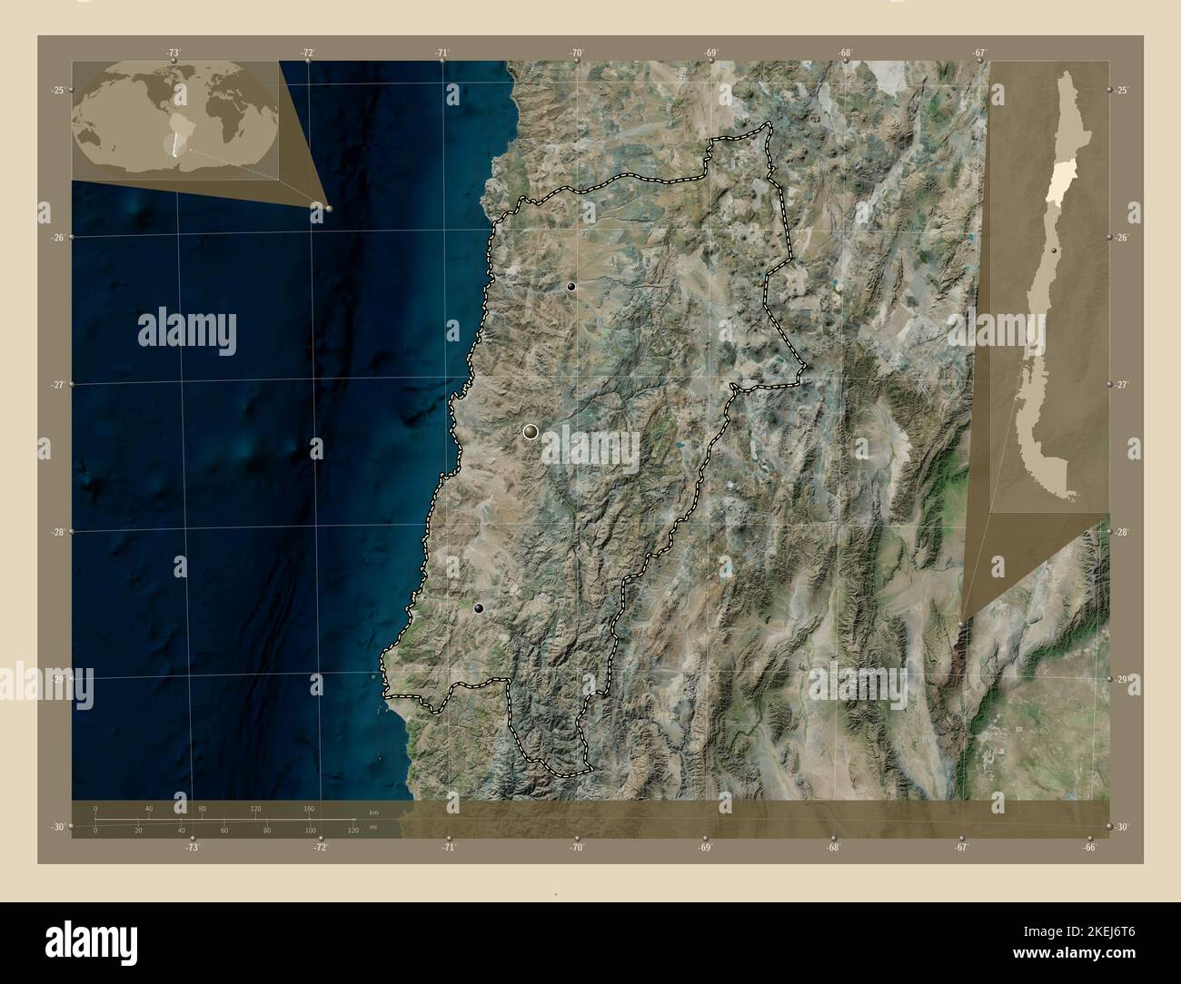 Atacama, region of Chile. High resolution satellite map. Locations of ...