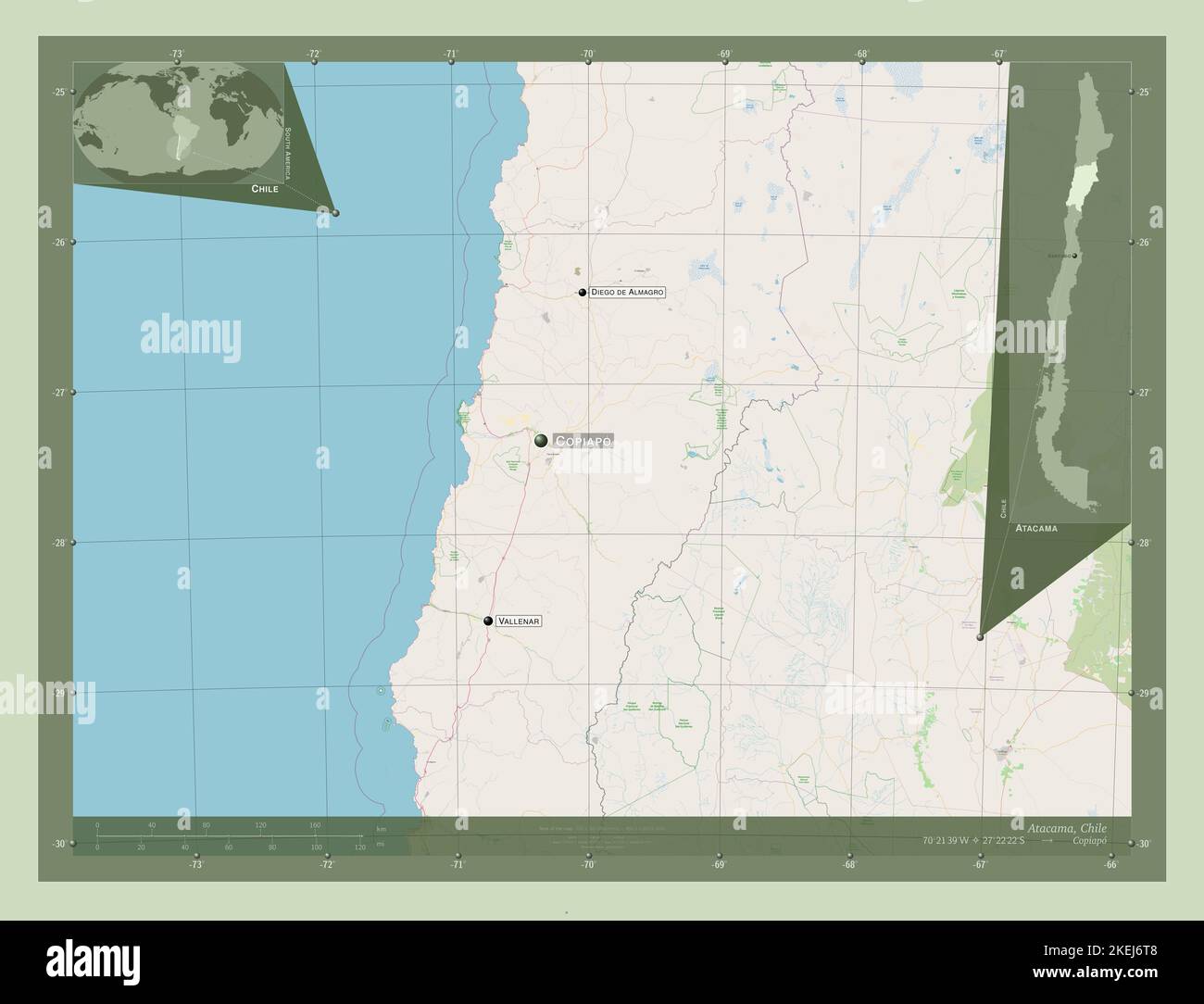 Atacama, region of Chile. Open Street Map. Locations and names of major ...