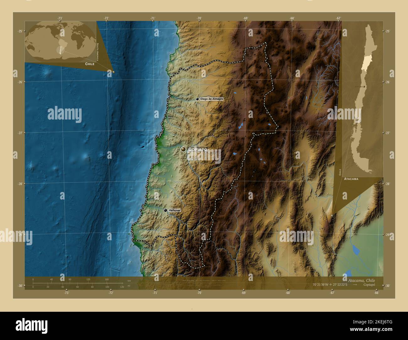 Atacama, region of Chile. Colored elevation map with lakes and rivers ...