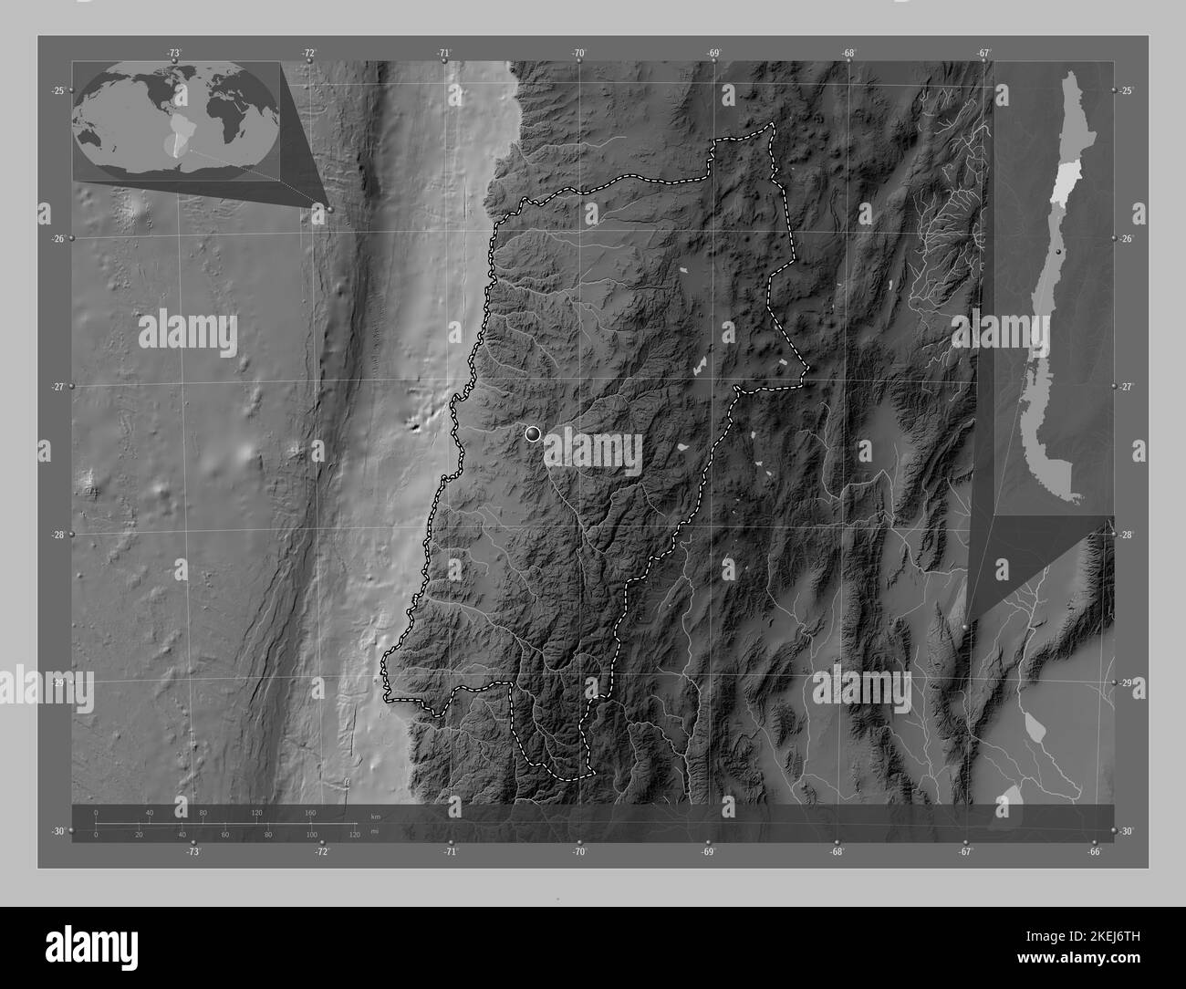 Atacama, region of Chile. Grayscale elevation map with lakes and rivers ...