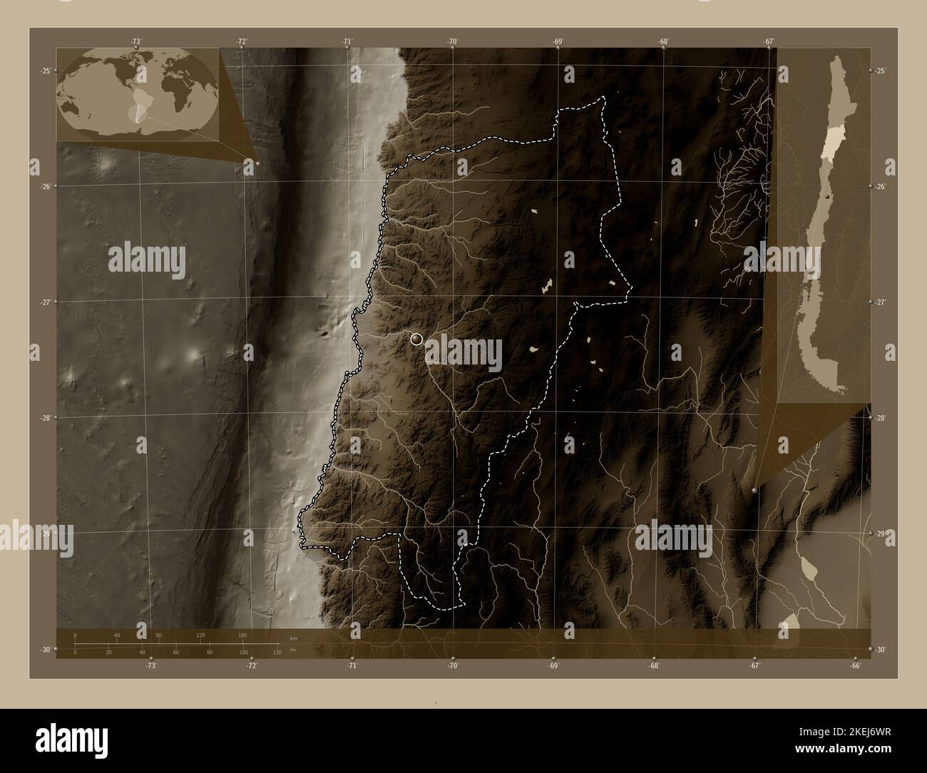 Atacama, region of Chile. Elevation map colored in sepia tones with ...