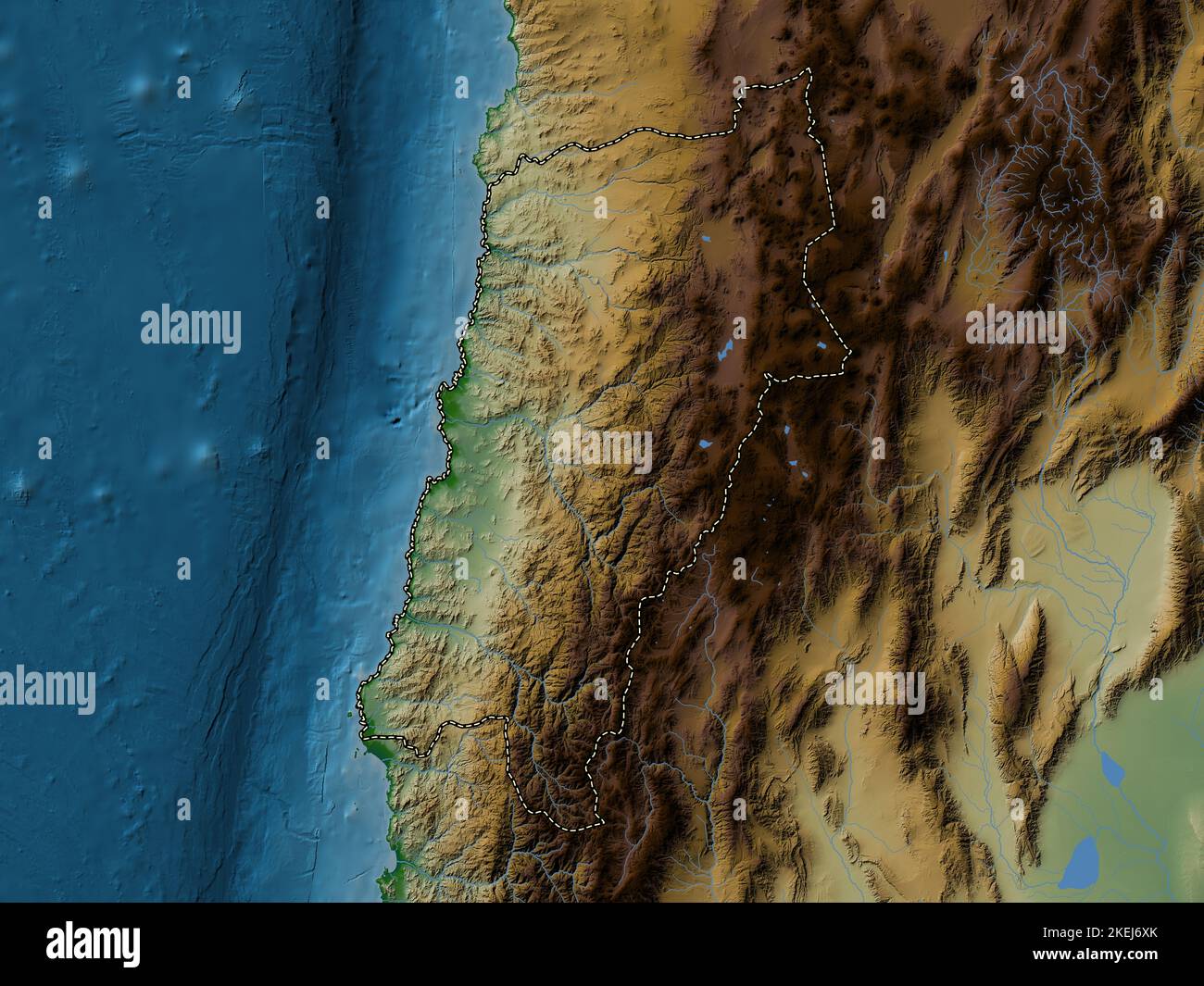 Atacama, region of Chile. Colored elevation map with lakes and rivers ...