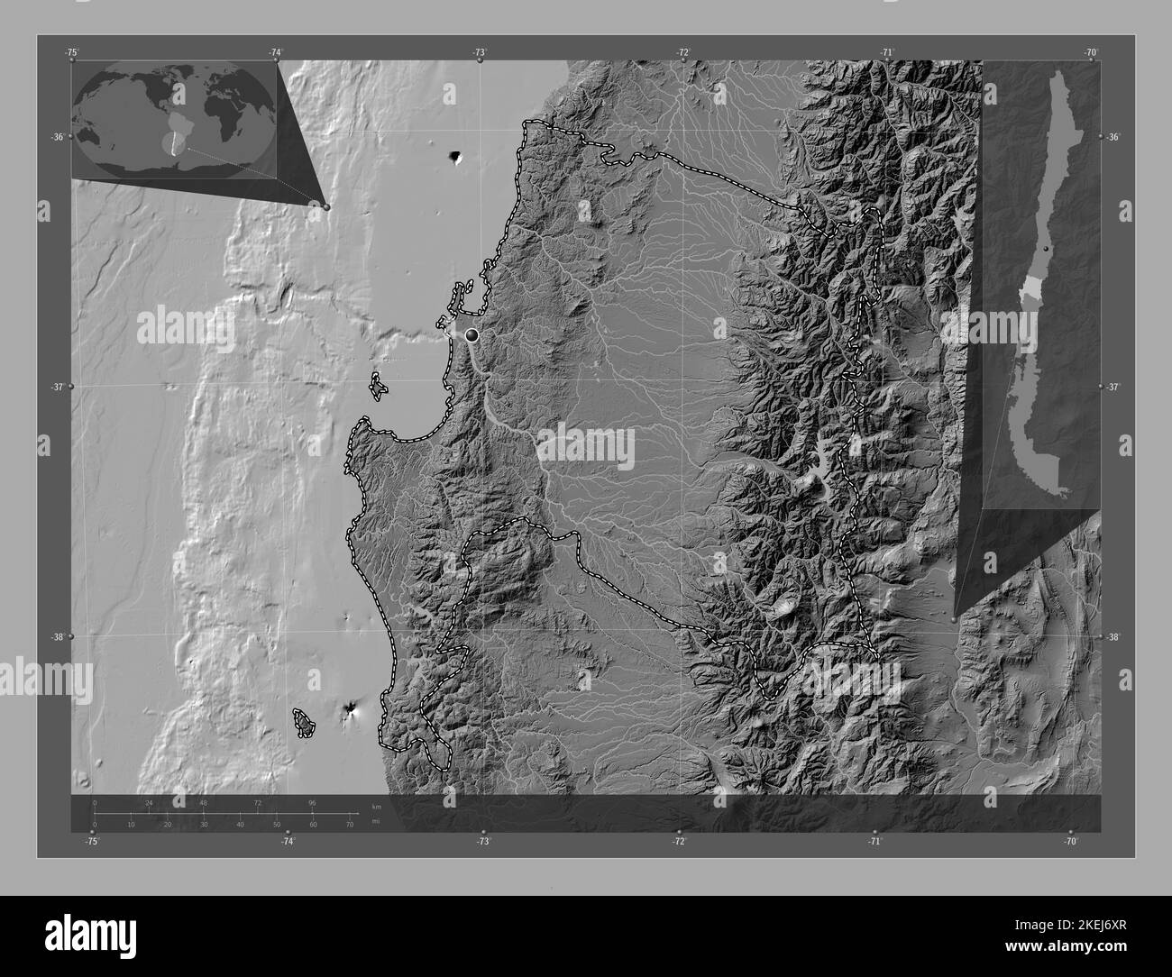 Bio-Bio, region of Chile. Bilevel elevation map with lakes and rivers ...