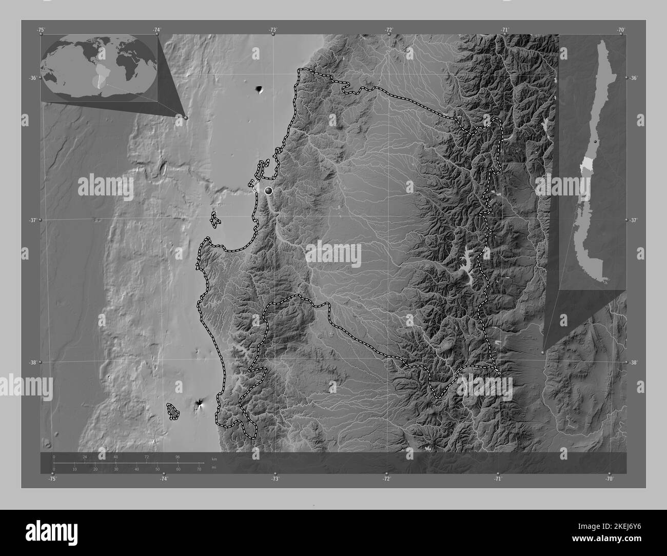 Bio-Bio, region of Chile. Grayscale elevation map with lakes and rivers ...