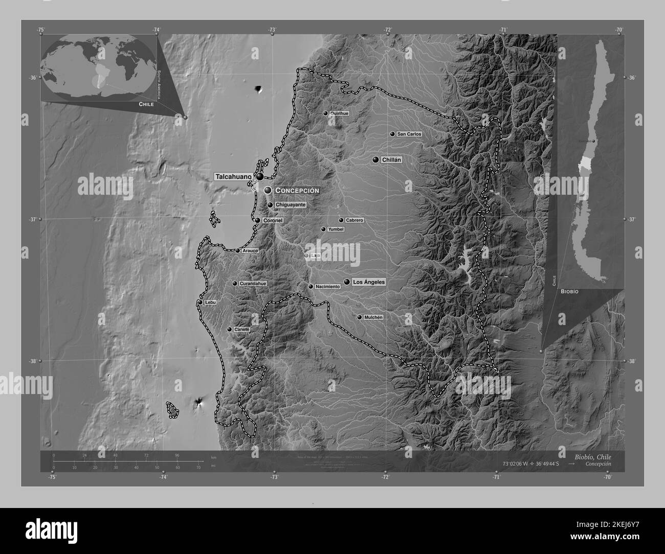 Bio-Bio, region of Chile. Grayscale elevation map with lakes and rivers ...