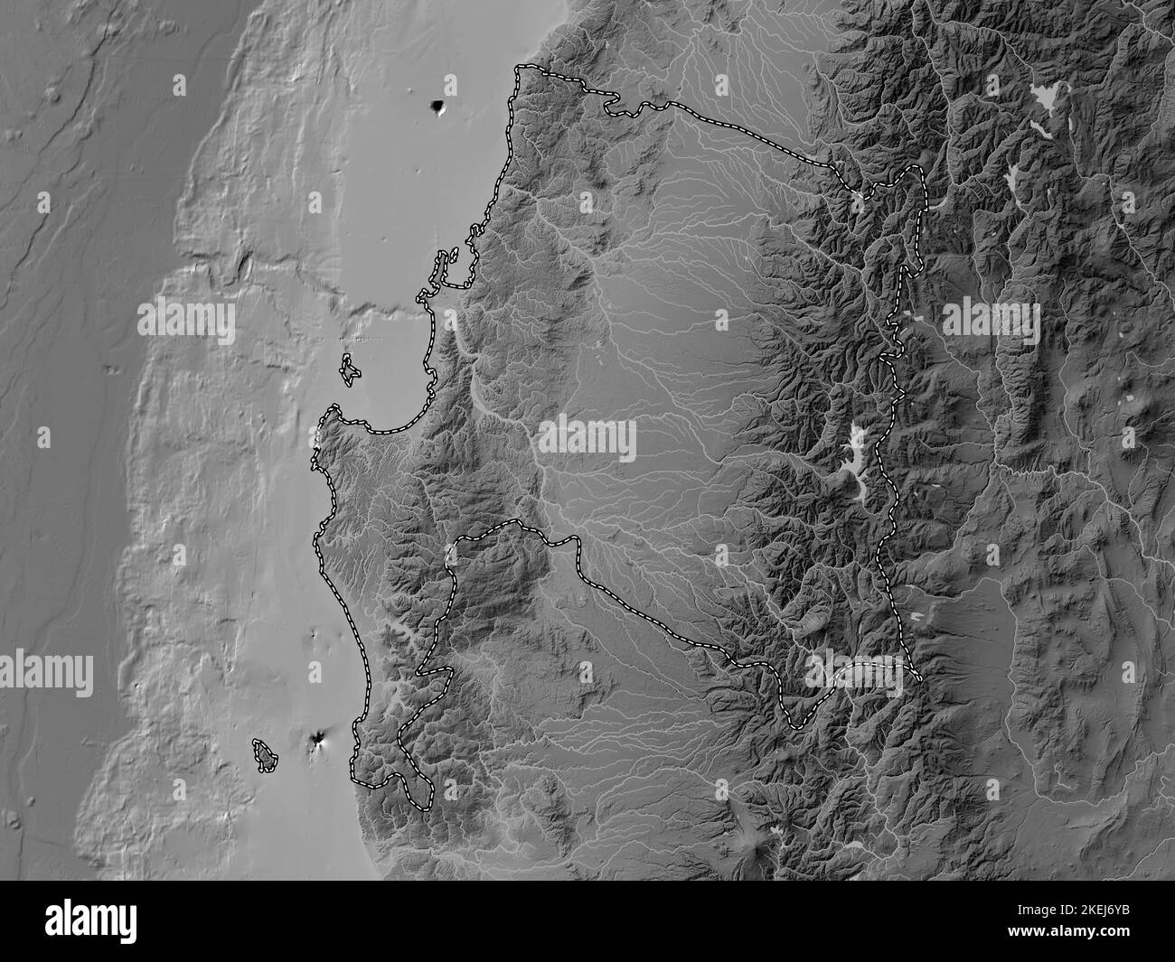 Bio-Bio, region of Chile. Grayscale elevation map with lakes and rivers ...