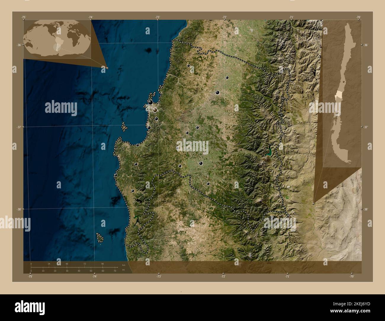 Bio-Bio, region of Chile. Low resolution satellite map. Locations of ...