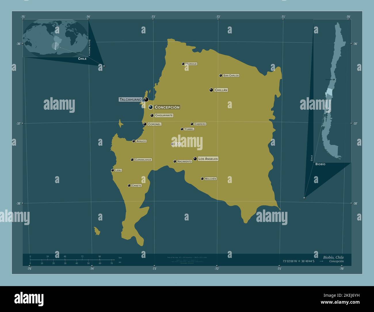 Bio-Bio, region of Chile. Solid color shape. Locations and names of ...