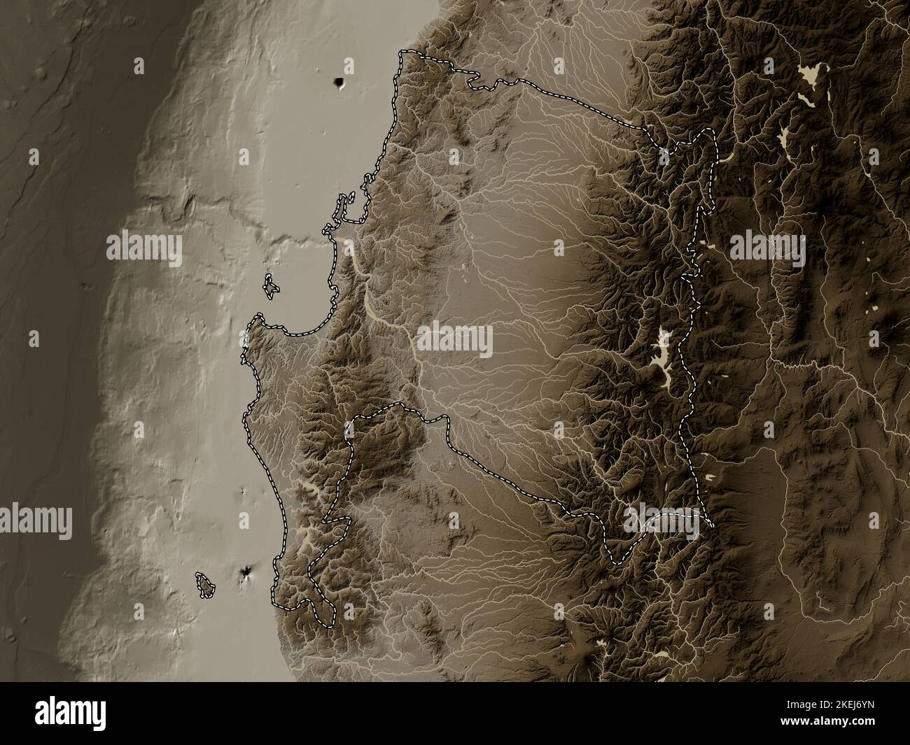 Bio-Bio, region of Chile. Elevation map colored in sepia tones with ...