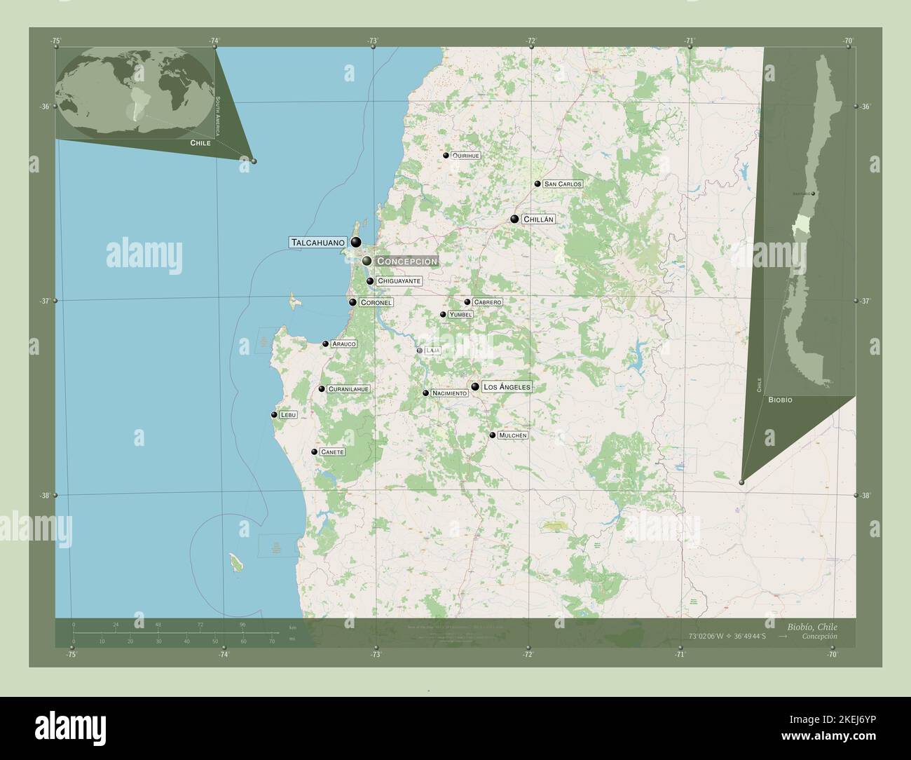 Bio-Bio, region of Chile. Open Street Map. Locations and names of major ...