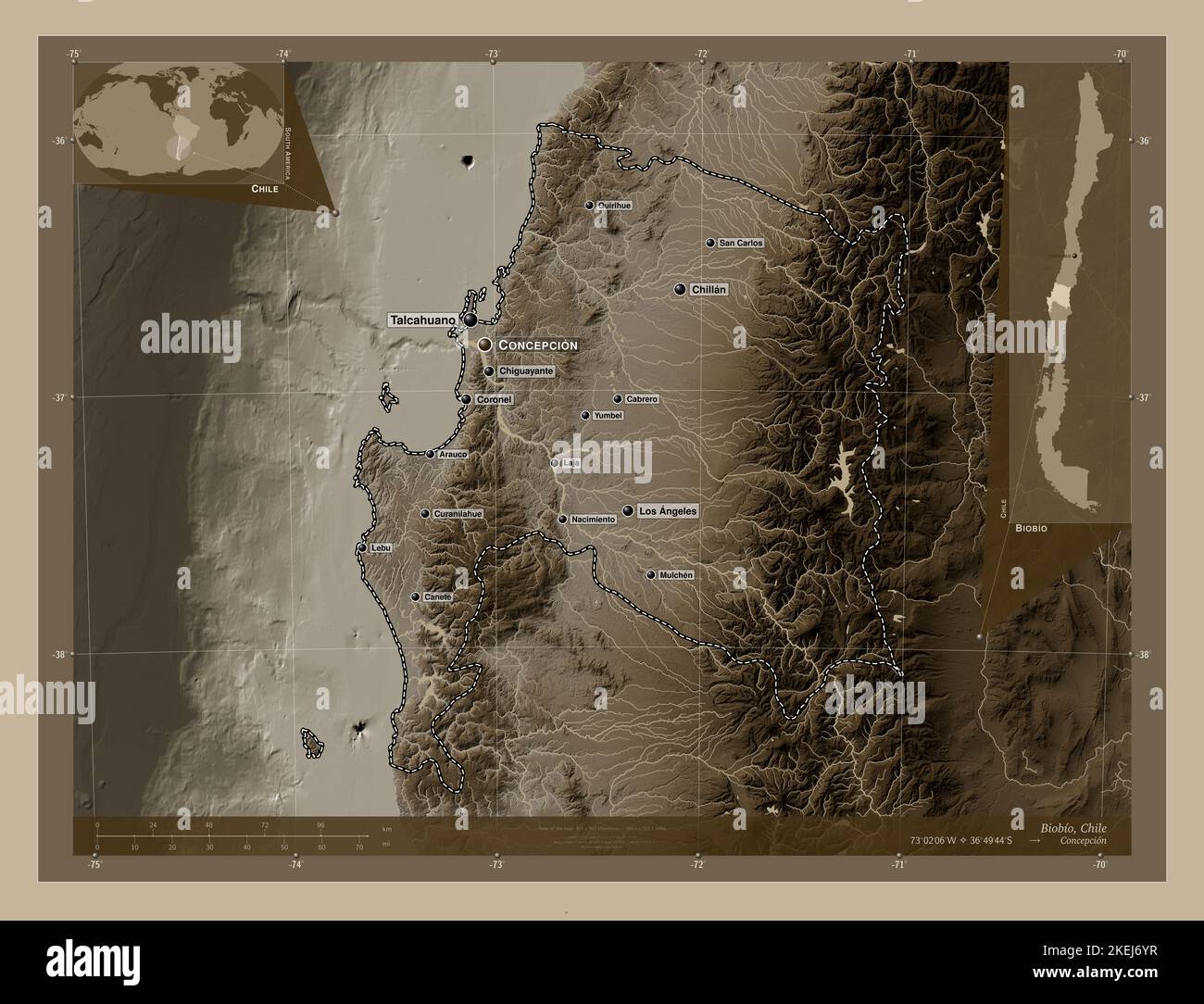 Bio-Bio, region of Chile. Elevation map colored in sepia tones with ...