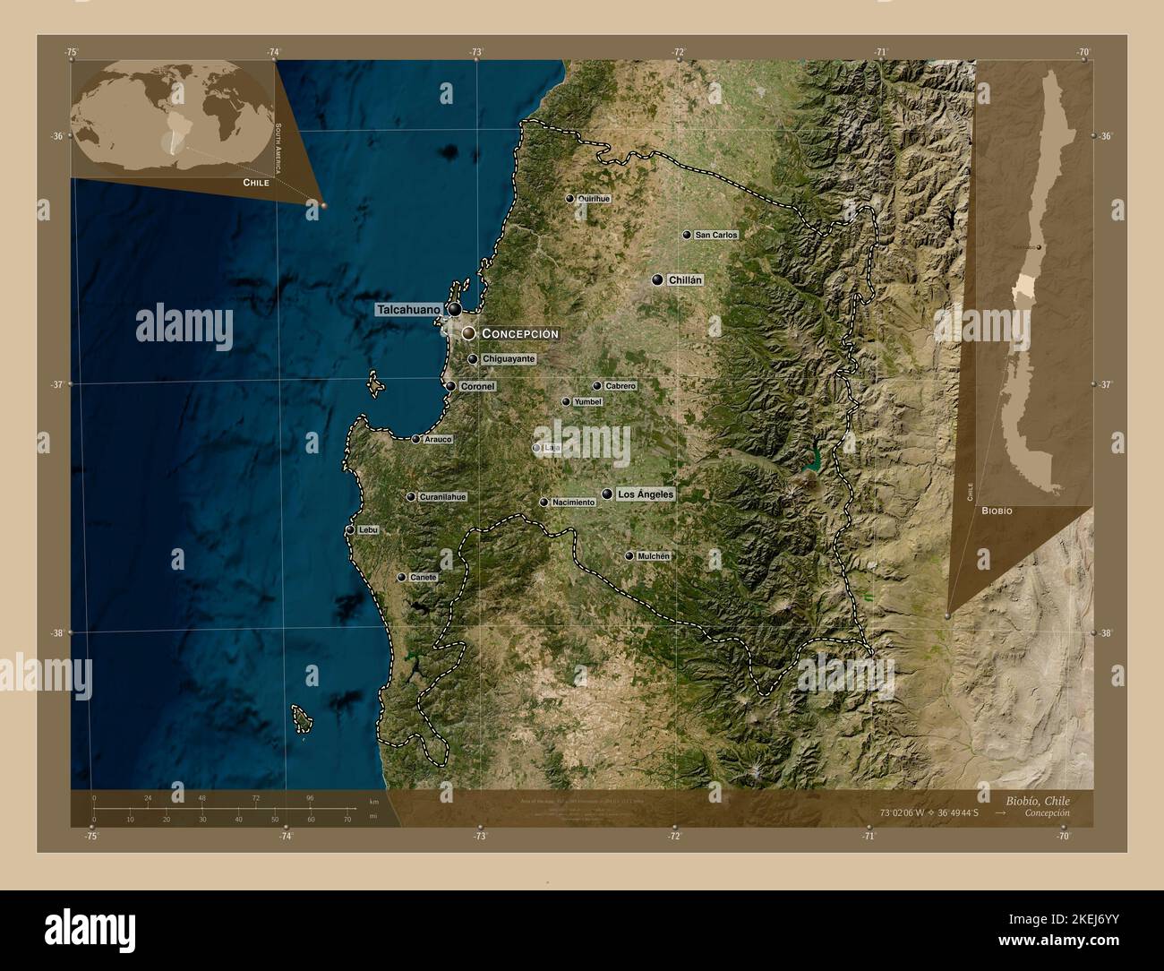 Bio-Bio, region of Chile. Low resolution satellite map. Locations and ...