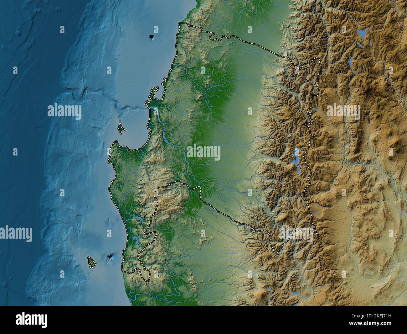 Bio-Bio, region of Chile. Colored elevation map with lakes and rivers ...