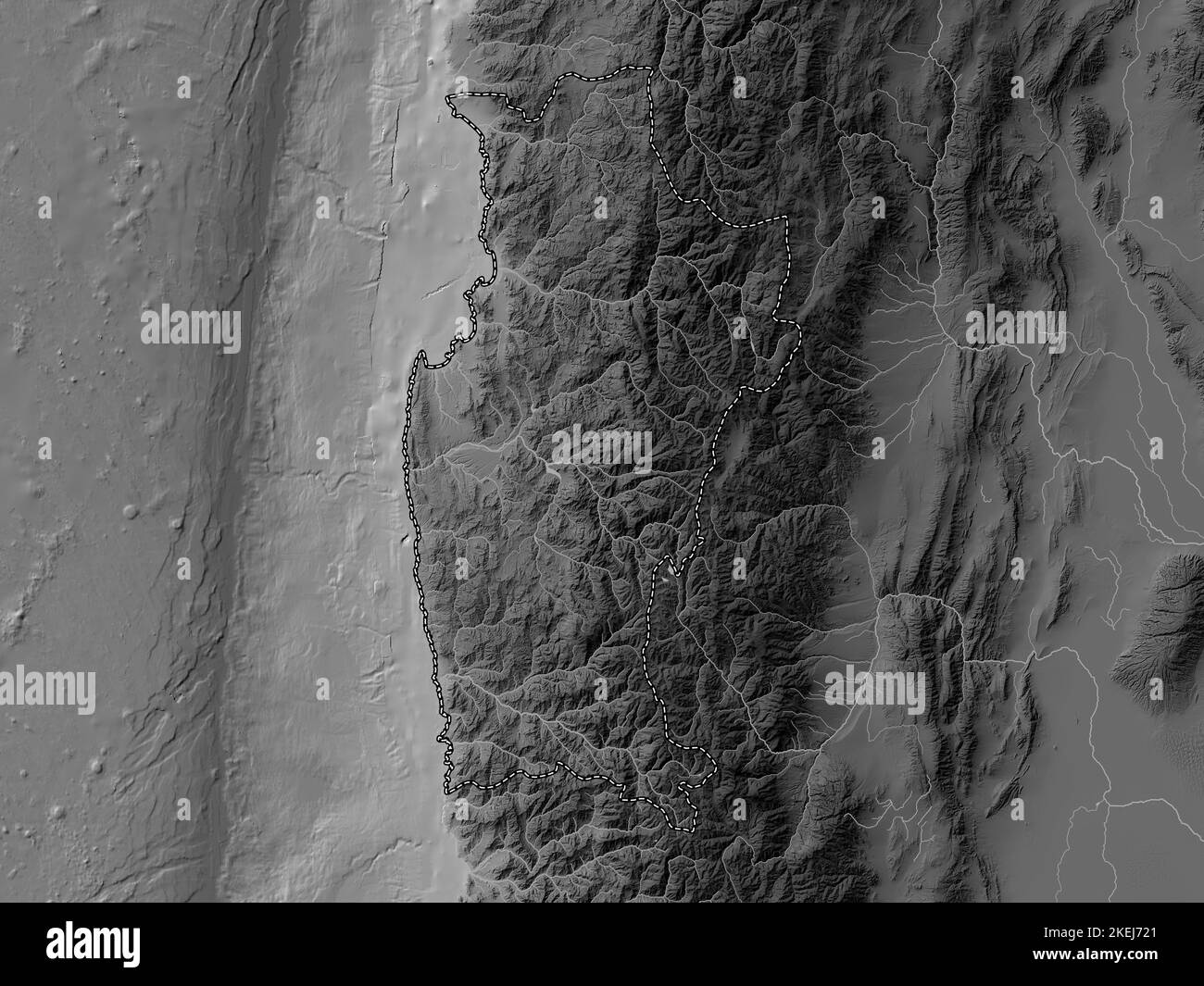 Coquimbo, region of Chile. Grayscale elevation map with lakes and ...
