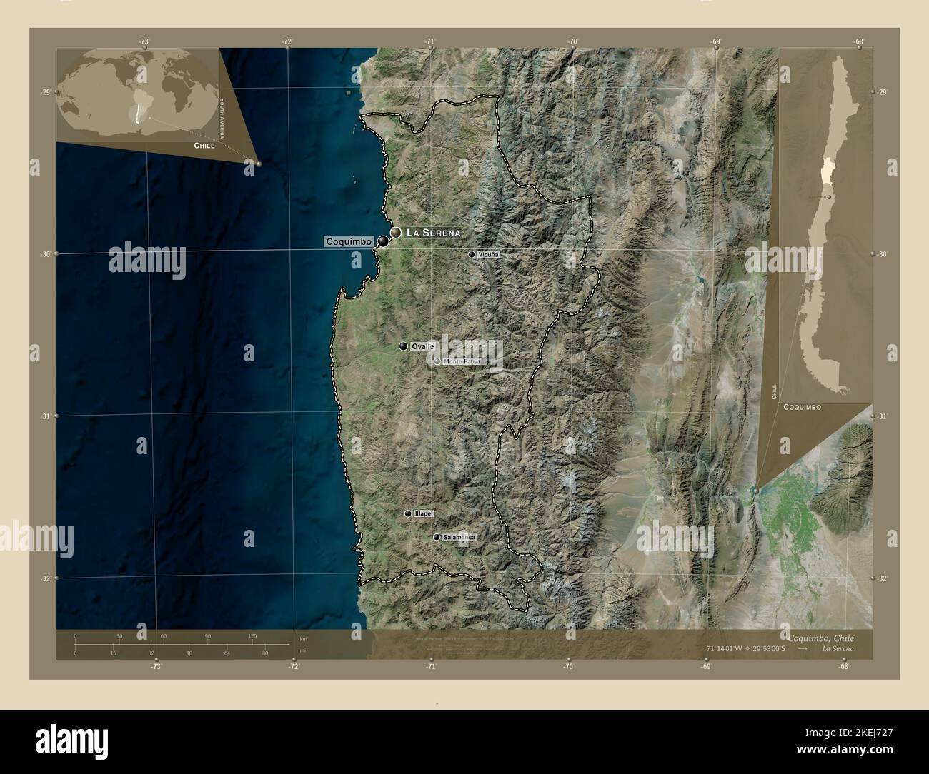 Coquimbo, region of Chile. High resolution satellite map. Locations and ...