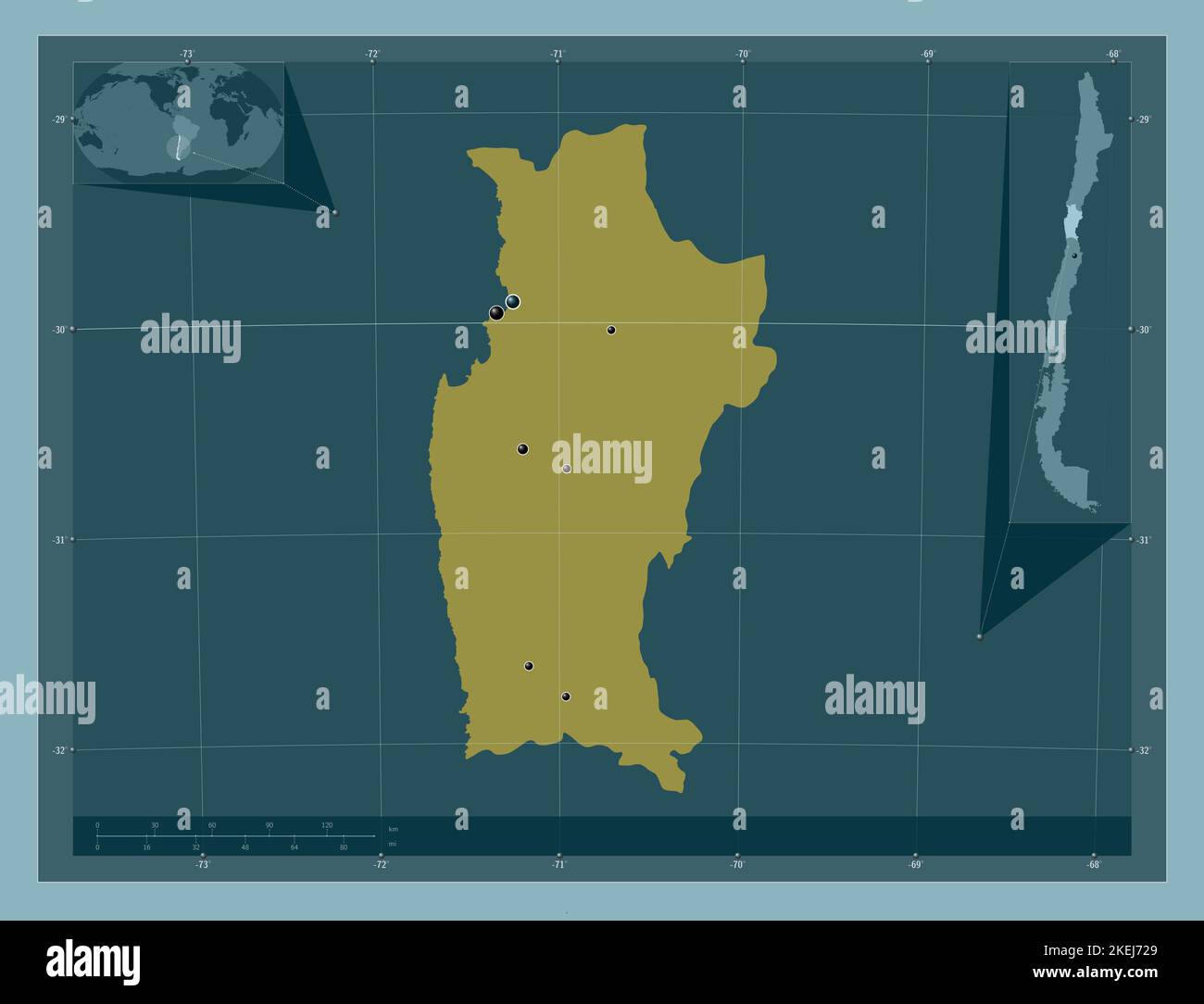 Coquimbo, region of Chile. Solid color shape. Locations of major cities ...