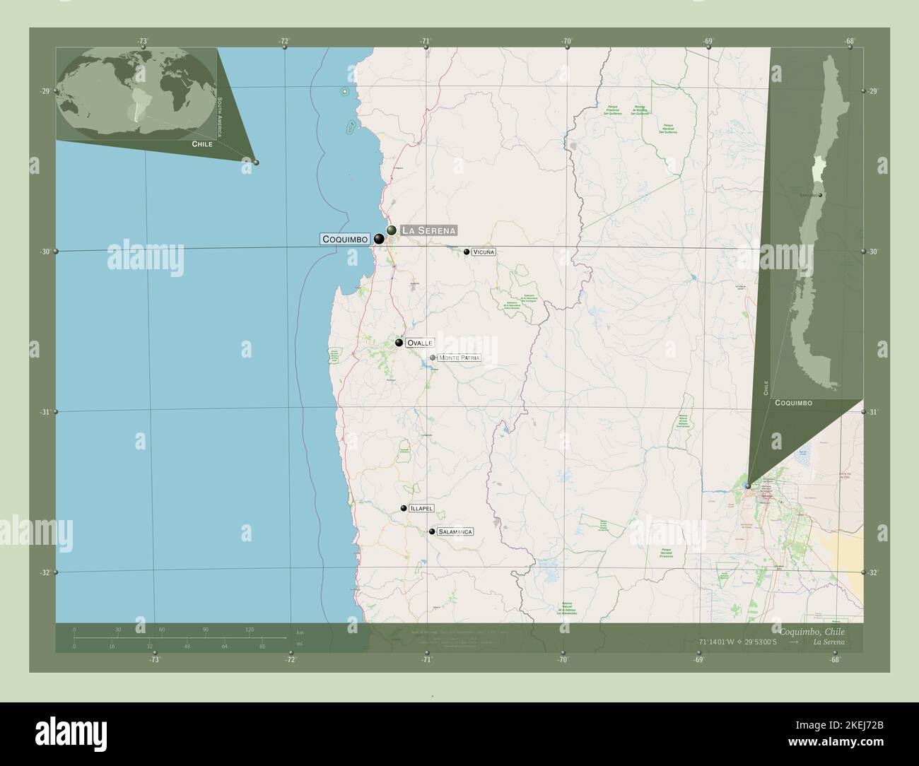 Coquimbo, region of Chile. Open Street Map. Locations and names of ...