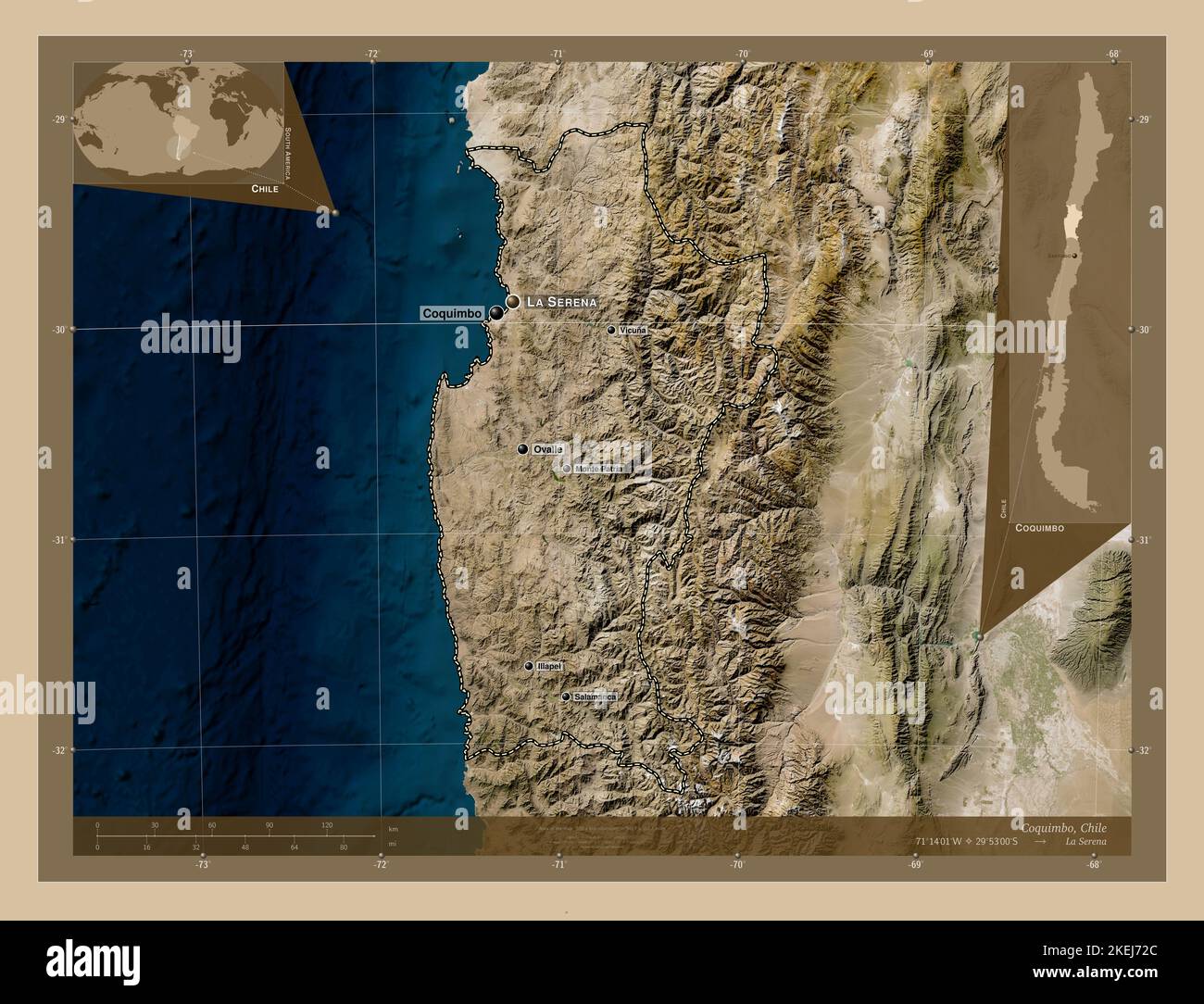 Coquimbo, region of Chile. Low resolution satellite map. Locations and ...