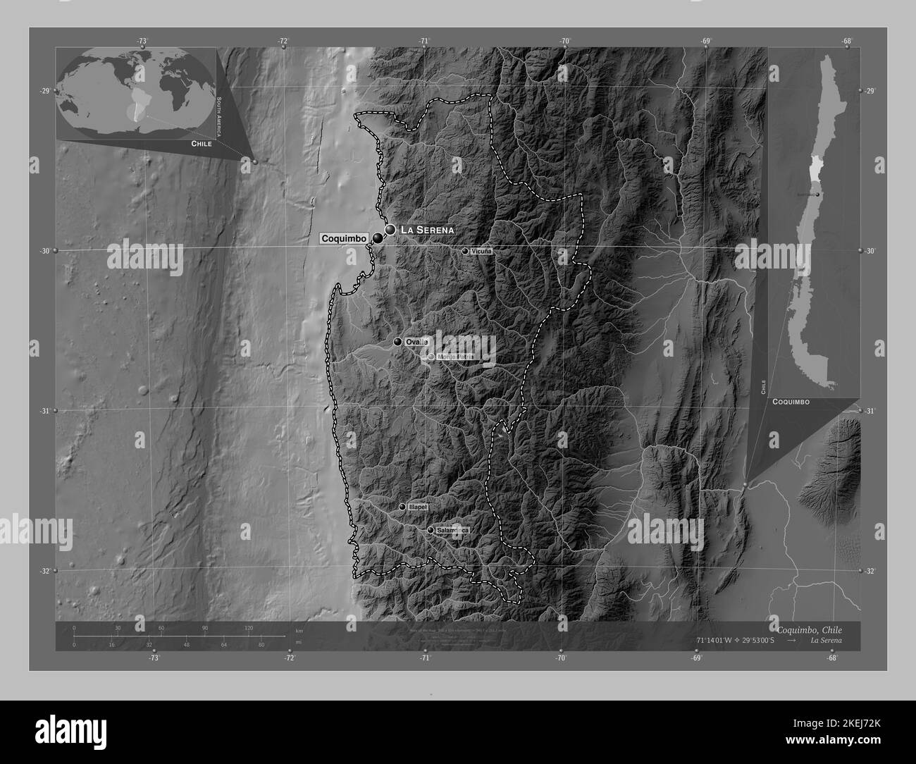 Coquimbo, region of Chile. Grayscale elevation map with lakes and ...