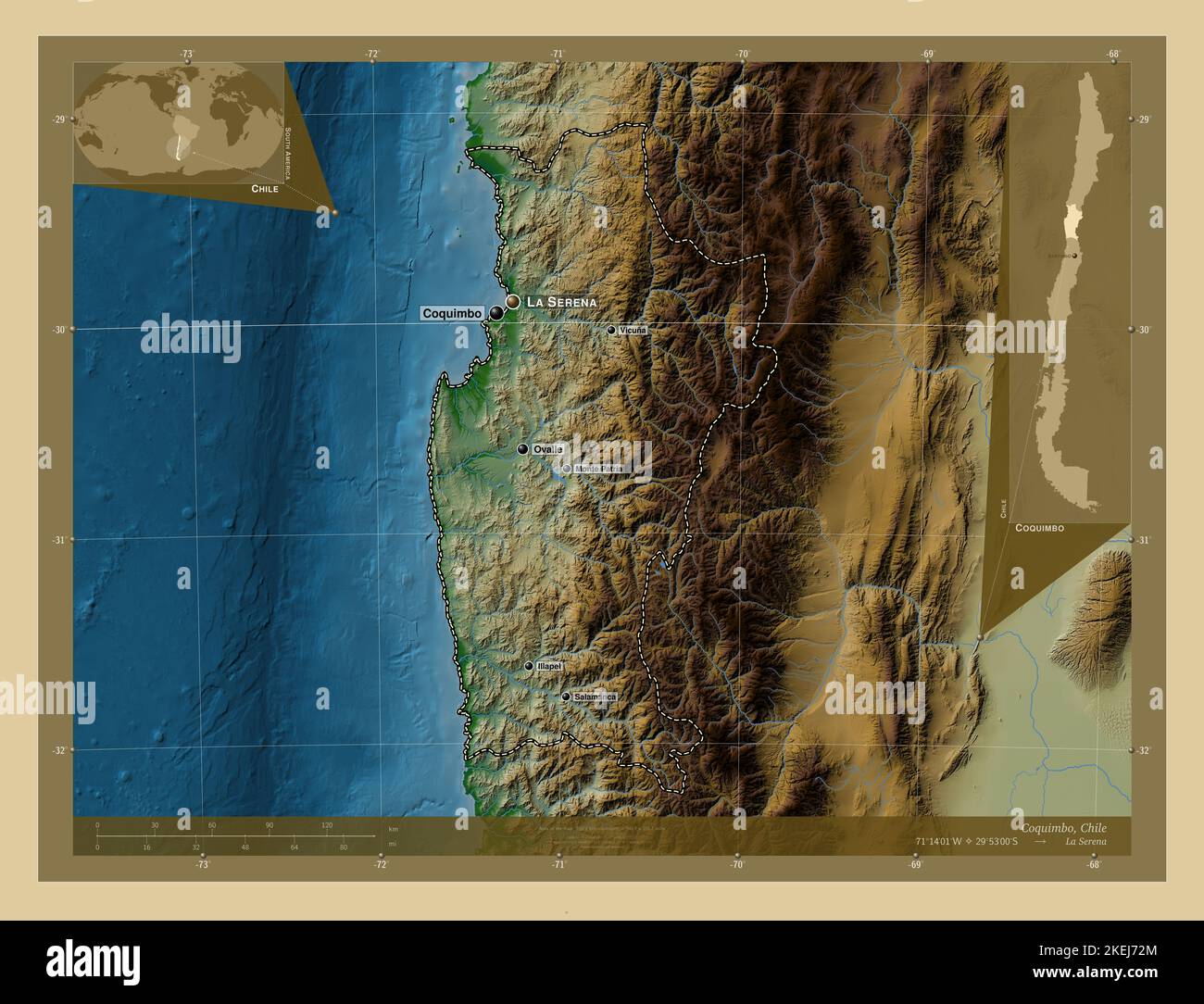 Coquimbo, region of Chile. Colored elevation map with lakes and rivers ...