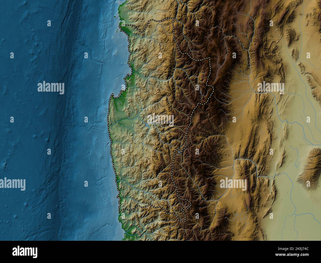 Coquimbo, region of Chile. Colored elevation map with lakes and rivers ...