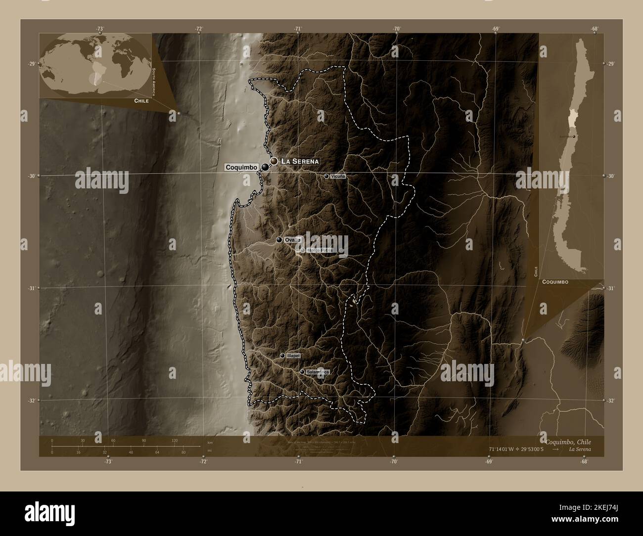 Coquimbo, region of Chile. Elevation map colored in sepia tones with ...