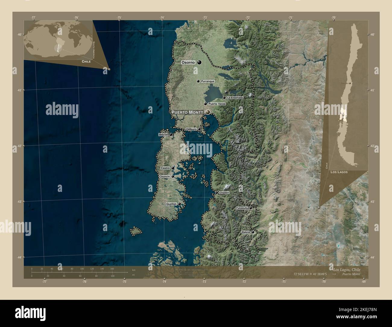 Los Lagos, region of Chile. High resolution satellite map. Locations ...