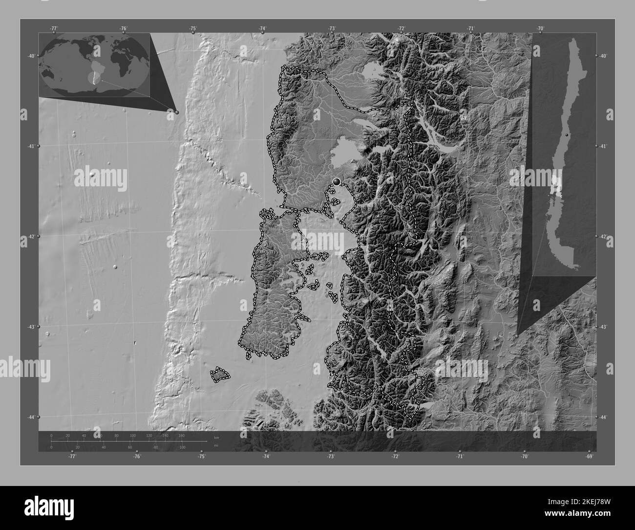 Los Lagos, region of Chile. Bilevel elevation map with lakes and rivers ...