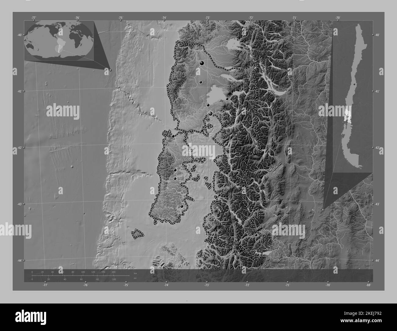 Los Lagos, region of Chile. Grayscale elevation map with lakes and ...