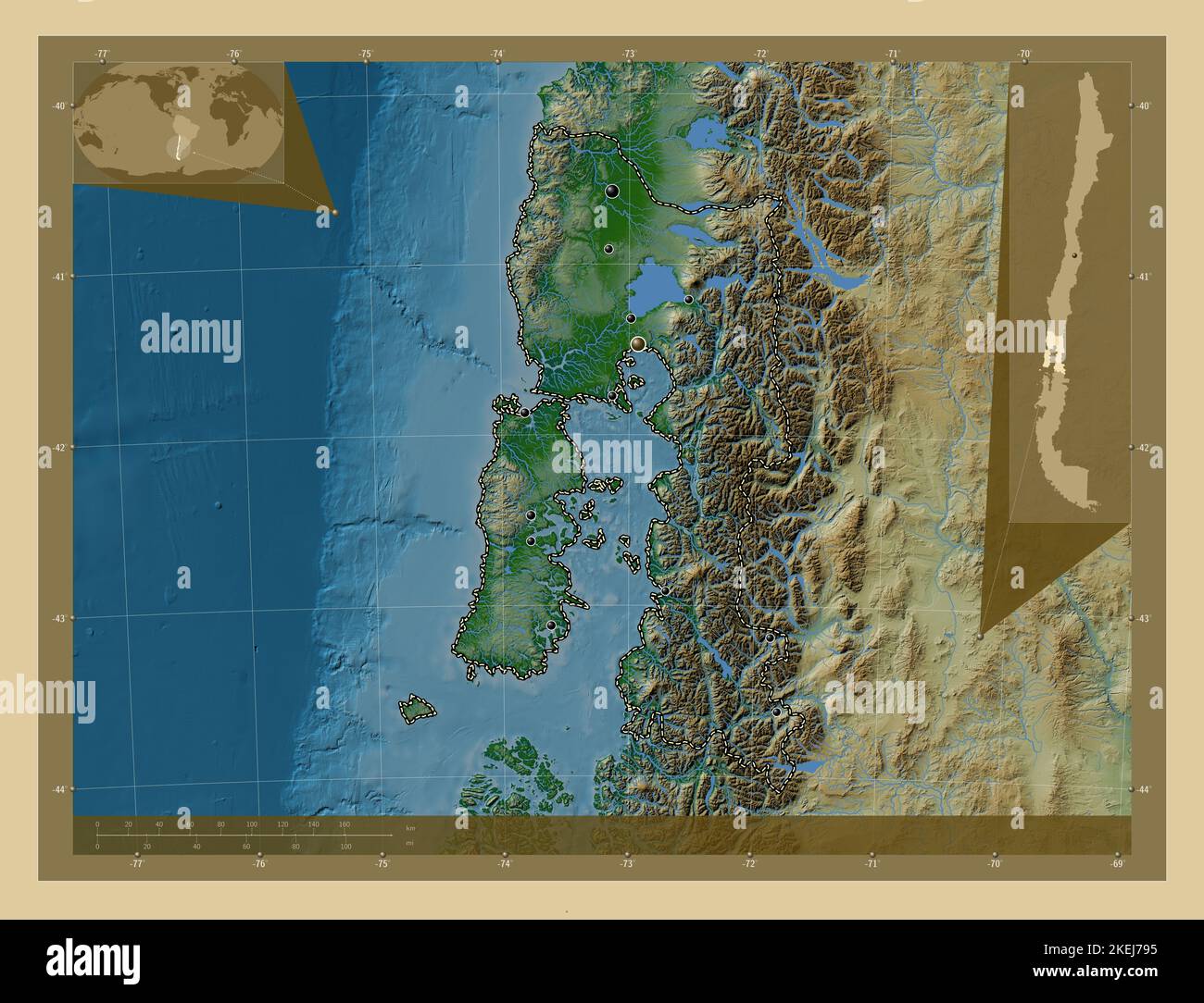 Los Lagos, region of Chile. Colored elevation map with lakes and rivers ...