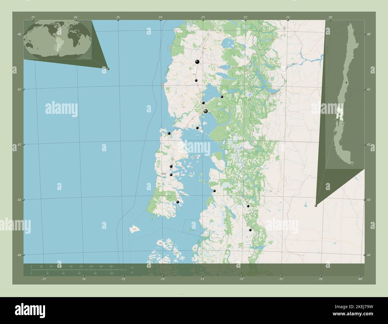 Los Lagos, region of Chile. Open Street Map. Locations of major cities ...