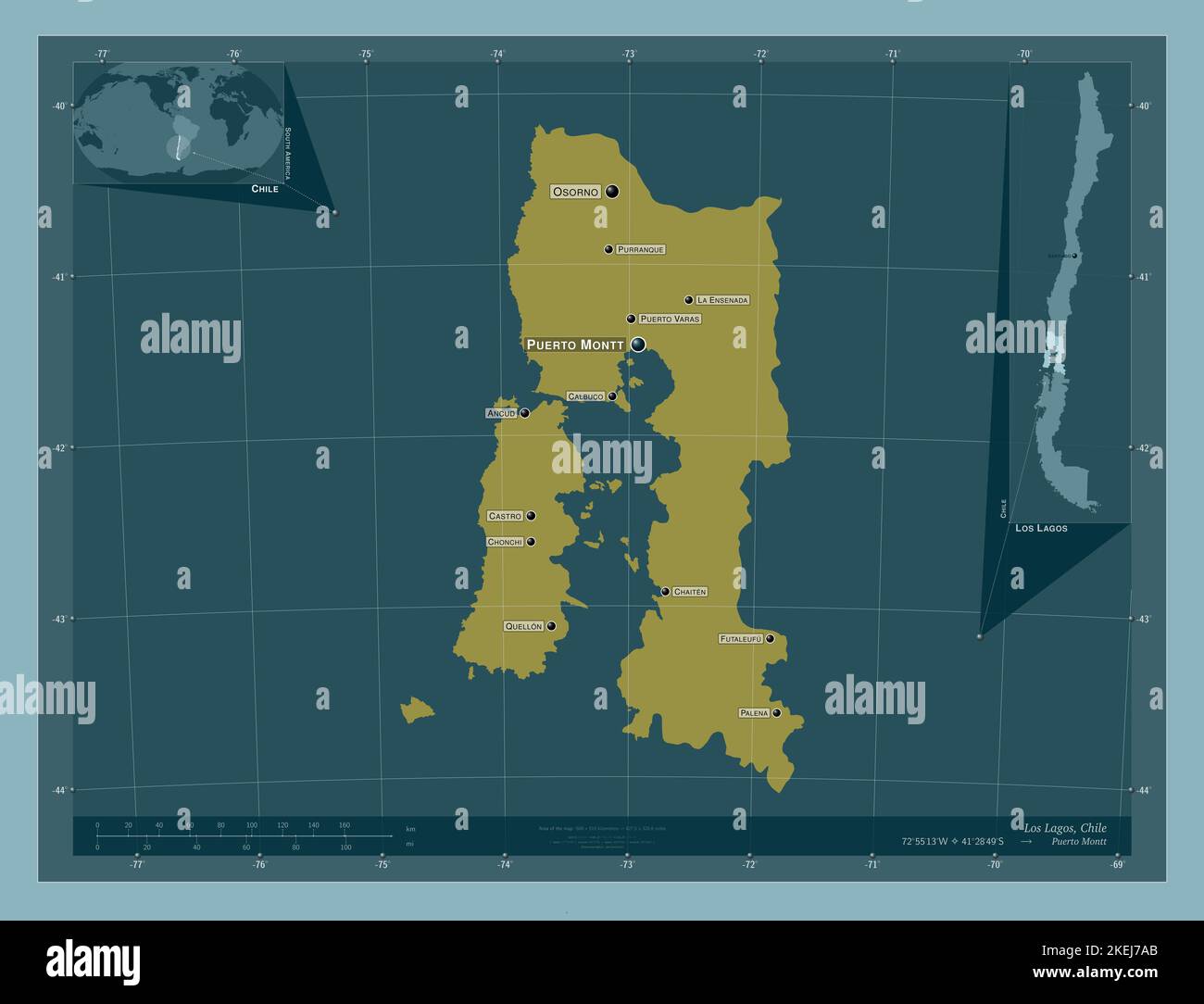 Los Lagos, region of Chile. Solid color shape. Locations and names of ...