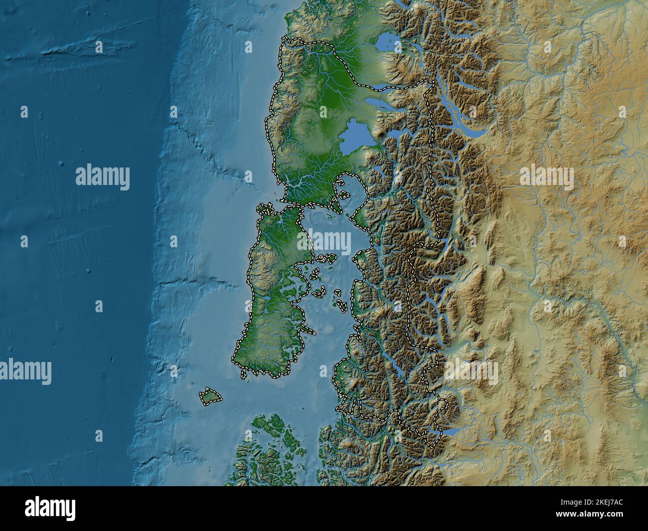 Los Lagos, region of Chile. Colored elevation map with lakes and rivers ...