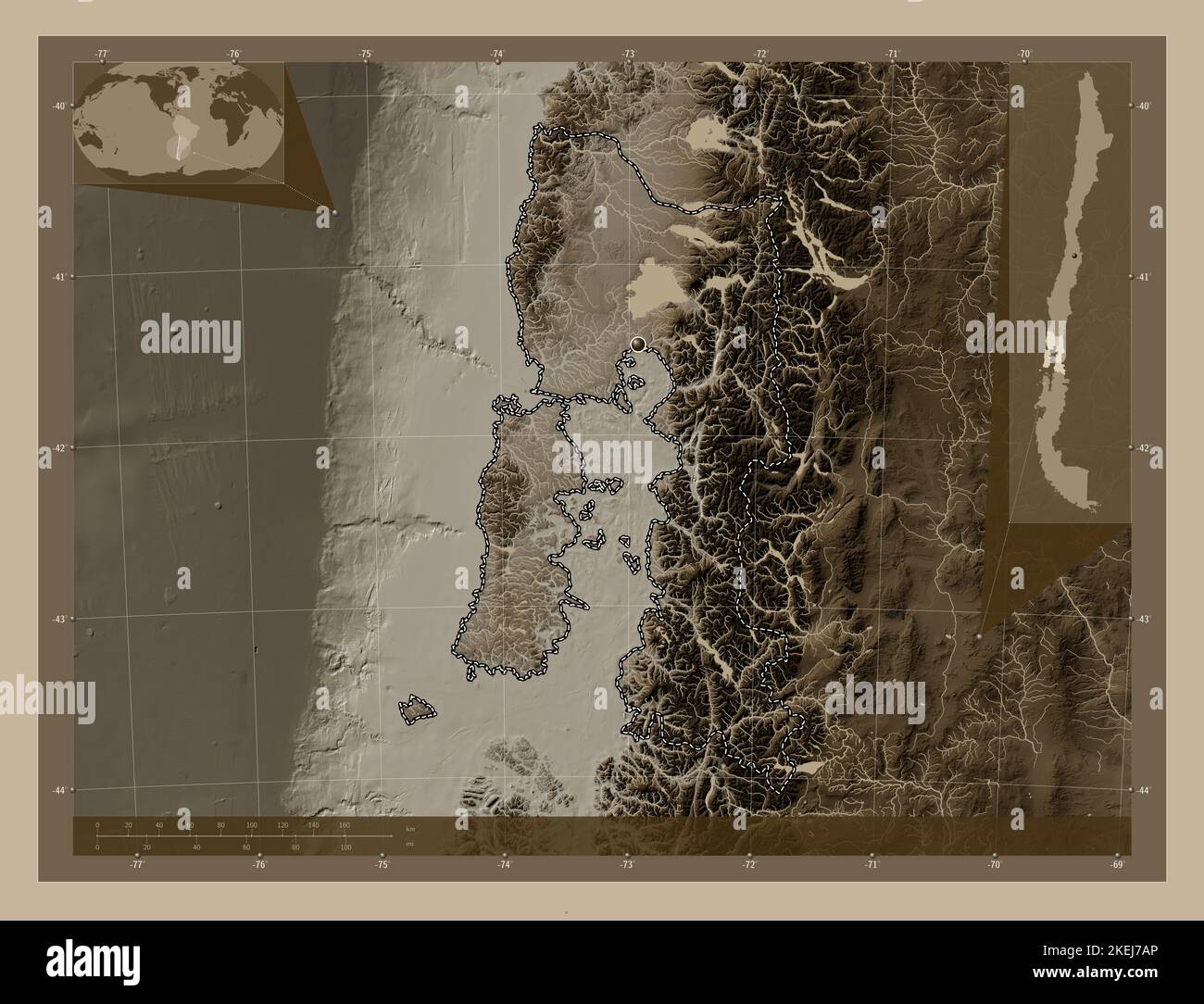 Los Lagos, region of Chile. Elevation map colored in sepia tones with ...