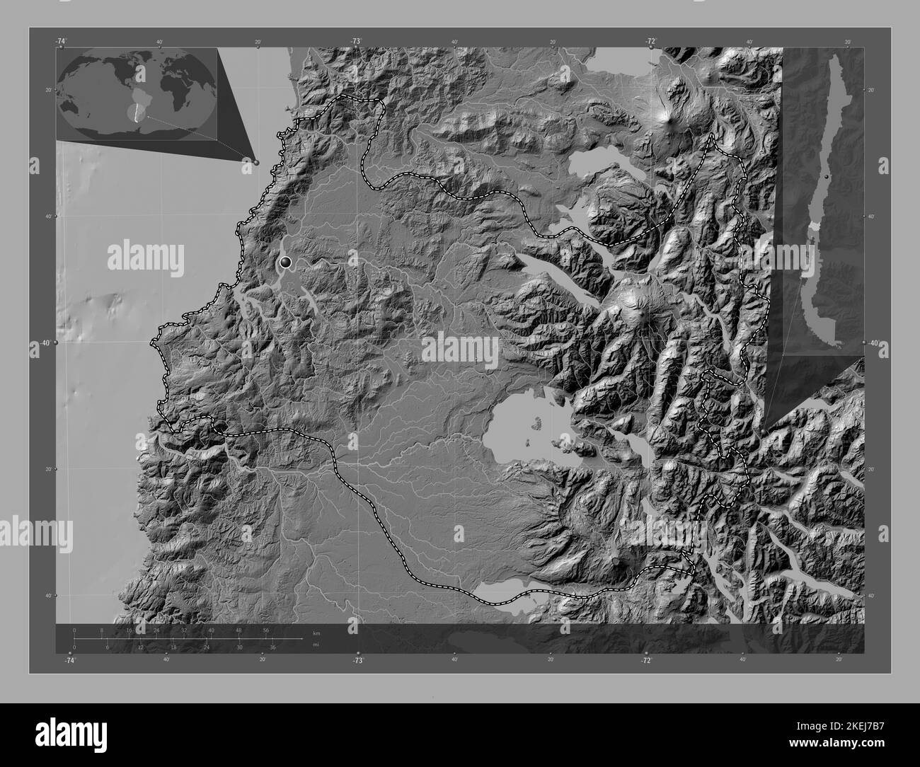 Los Rios, region of Chile. Bilevel elevation map with lakes and rivers ...