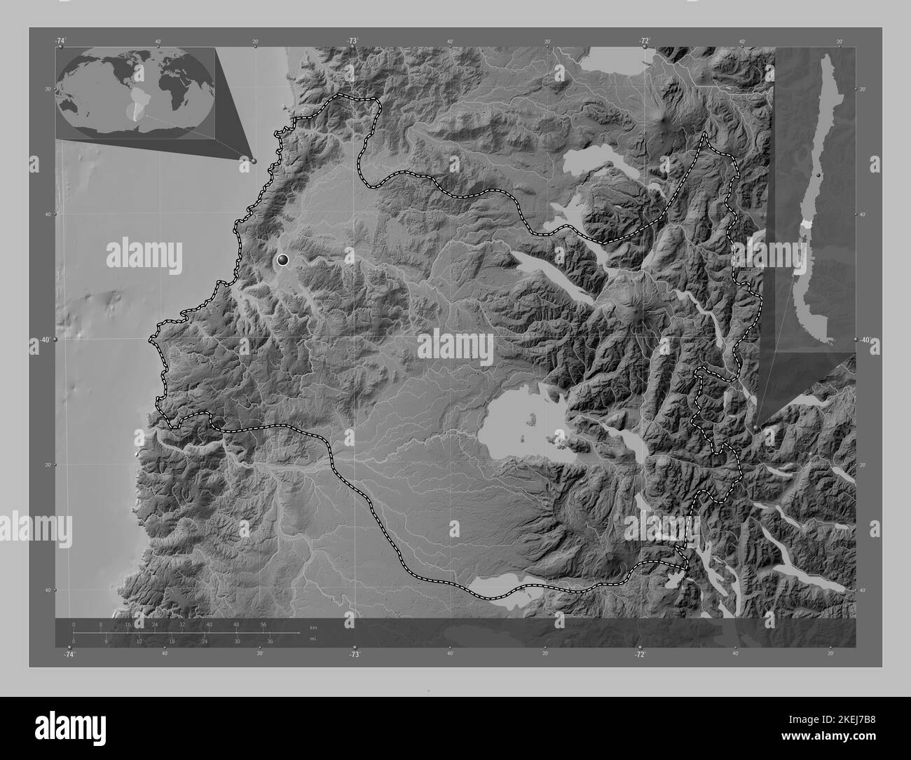 Los Rios, region of Chile. Grayscale elevation map with lakes and ...