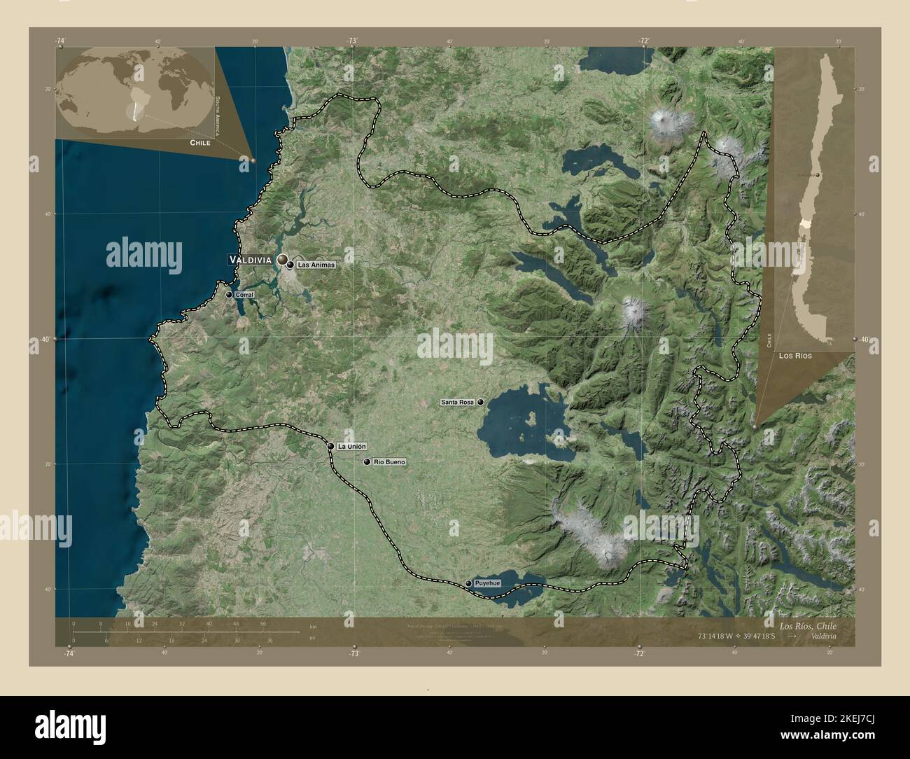 Los Rios, region of Chile. High resolution satellite map. Locations and ...