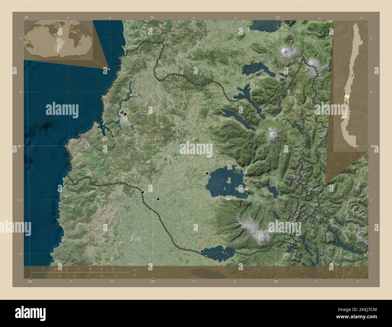 Los Rios, region of Chile. High resolution satellite map. Locations of ...