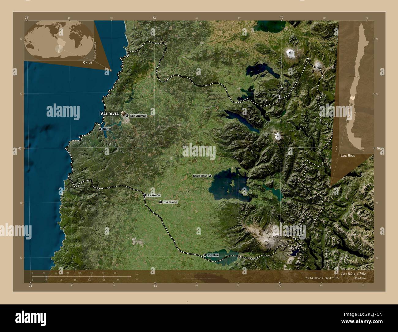 Los Rios, region of Chile. Low resolution satellite map. Locations and ...