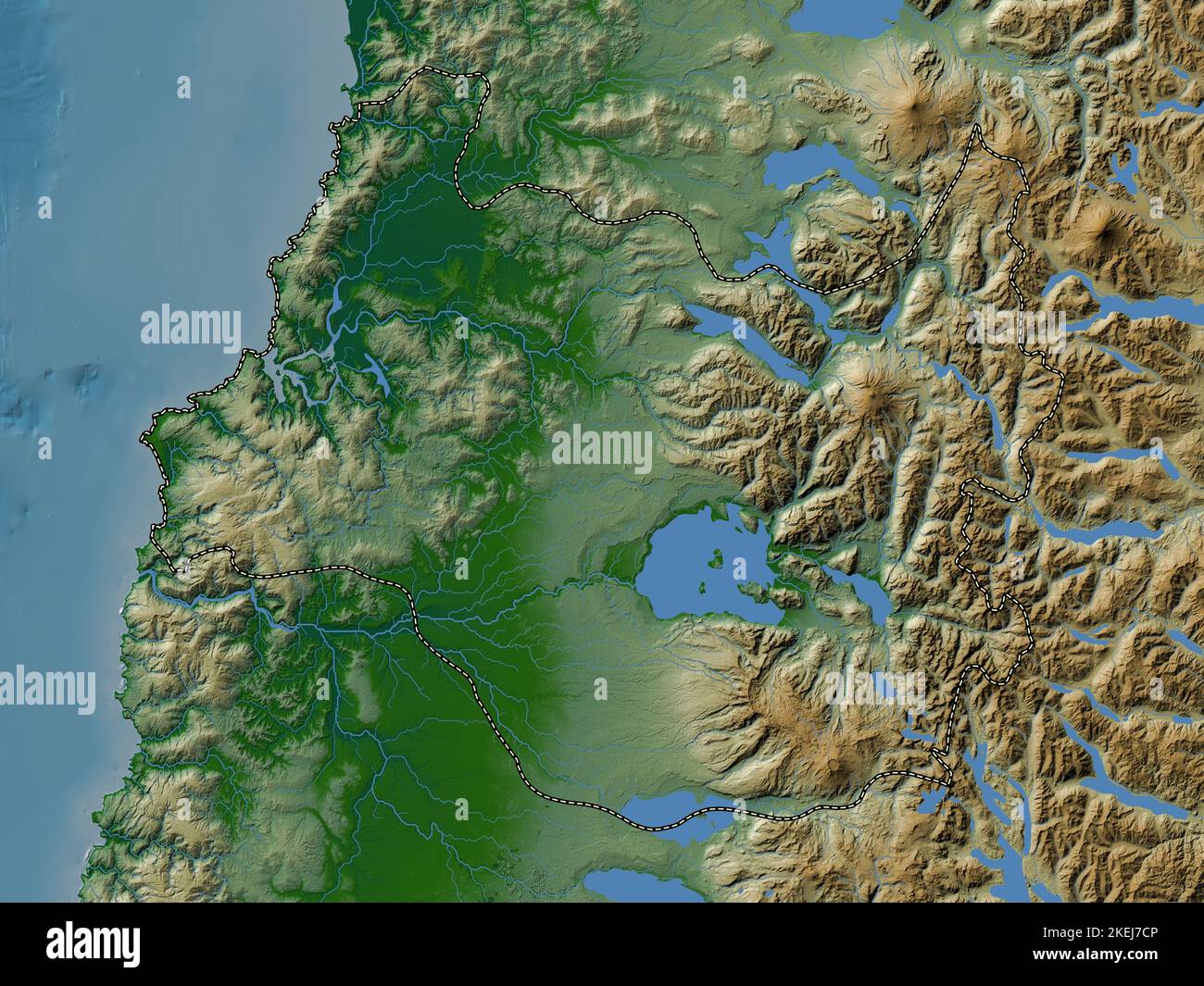Los Rios, region of Chile. Colored elevation map with lakes and rivers ...