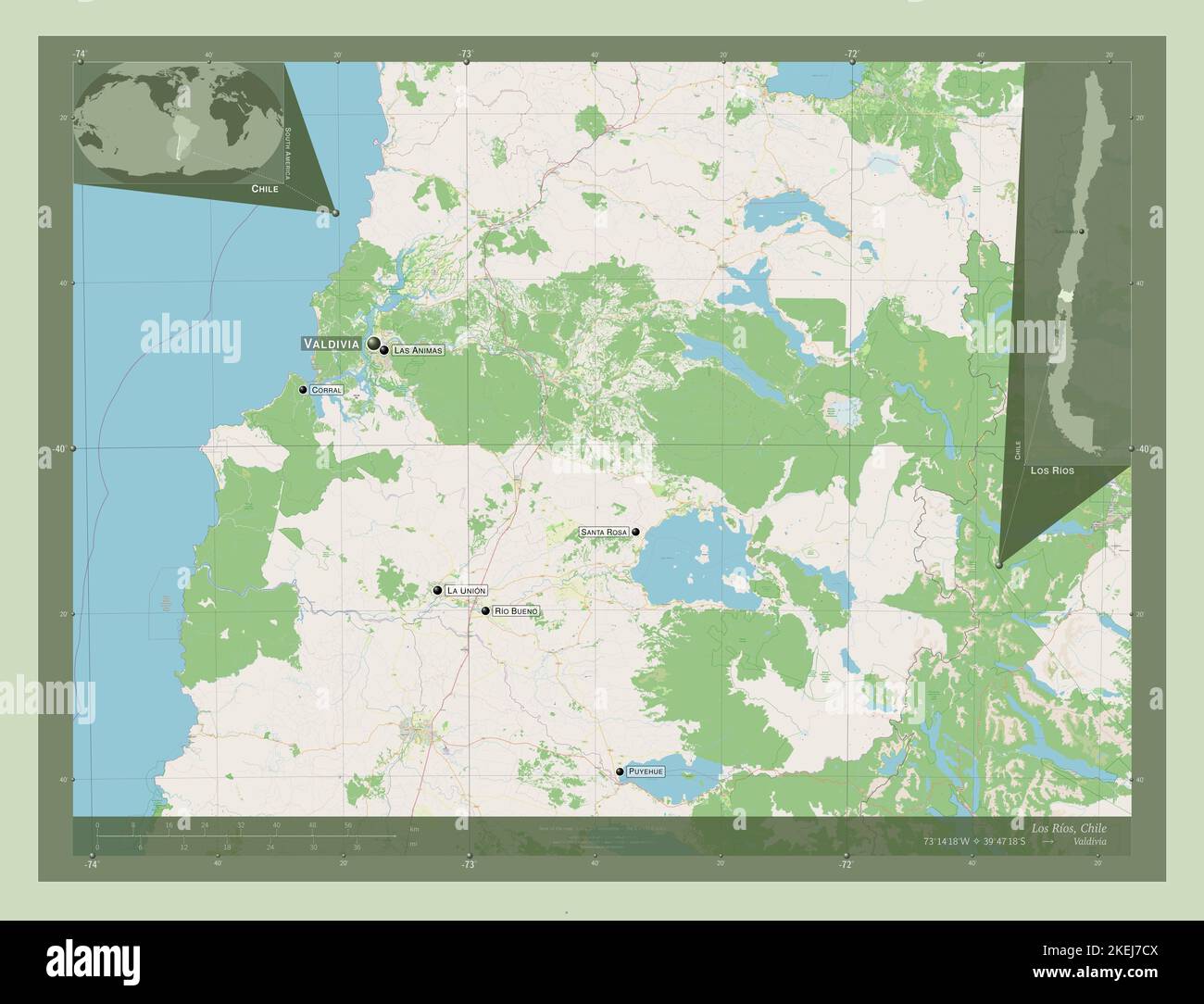 Los Rios, region of Chile. Open Street Map. Locations and names of ...