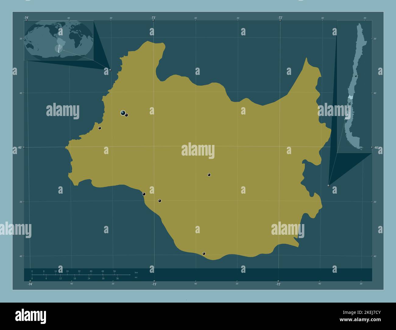 Los Rios, region of Chile. Solid color shape. Locations of major cities ...